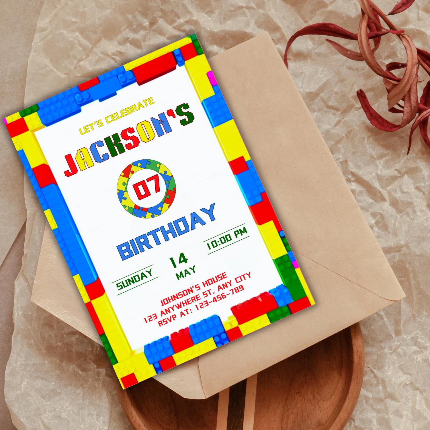 Building Blocks Birthday Invitation, Building Bricks Kids Birthday ...