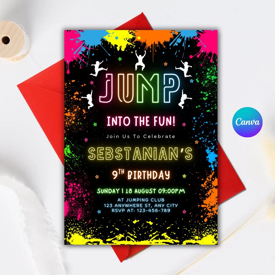 Trampoline Birthday Invitation, Jump Party, Editable Canva Template - Etsy