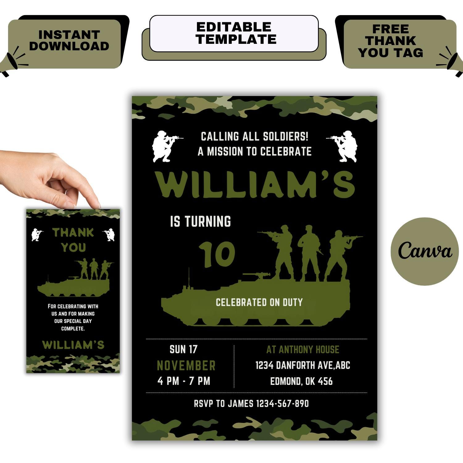 Editable Army Birthday Invite, Military Party Invitations, Soldier ...