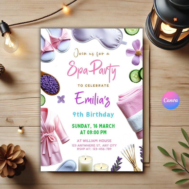 Spa Party Birthday Invitation, Editable Canva Template - Etsy