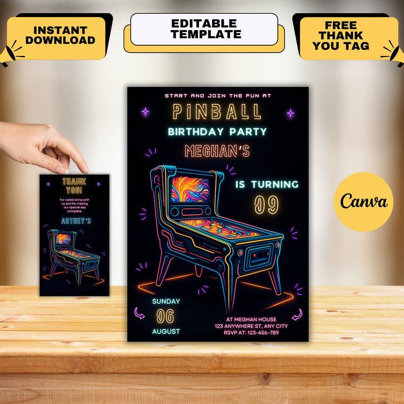 Pinball Birthday Invitation, Neon Arcade Party Invite (digital Download ...