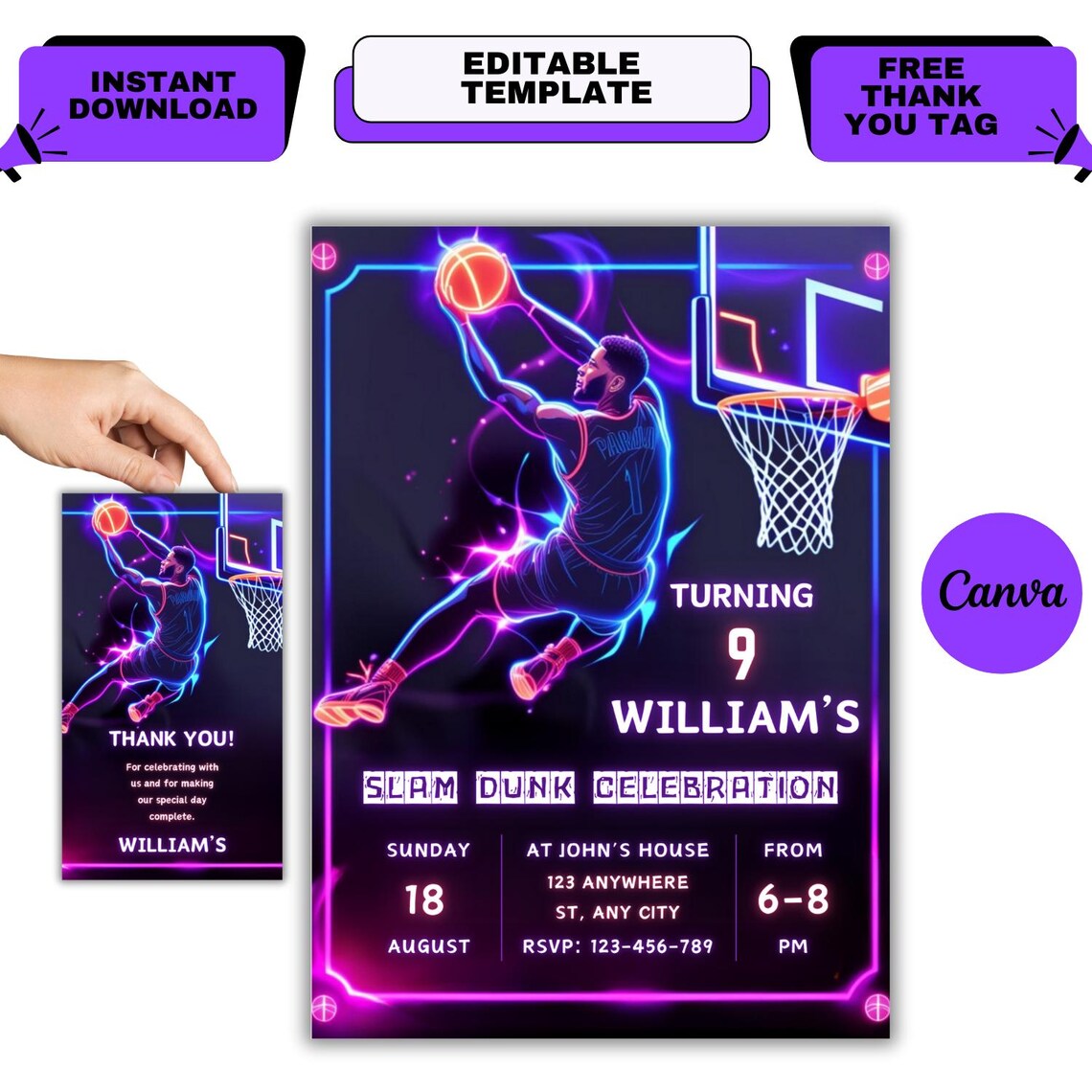 Basketball Birthday Invitation, Basketball Invite, Glow Basketball ...