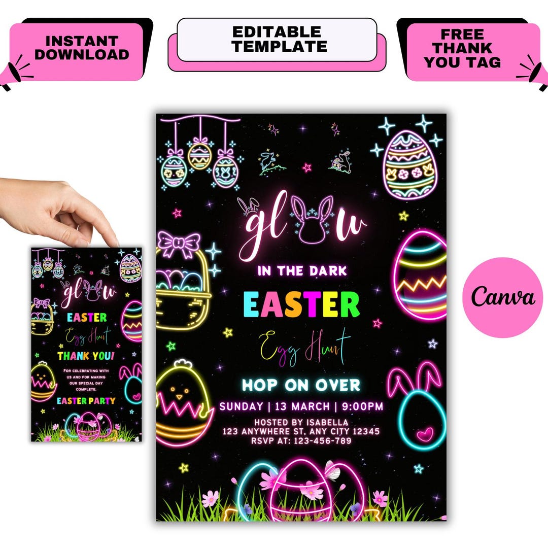 Editable Easter Egg Hunt Invitation, Easter Party Invite, Neon Easter ...