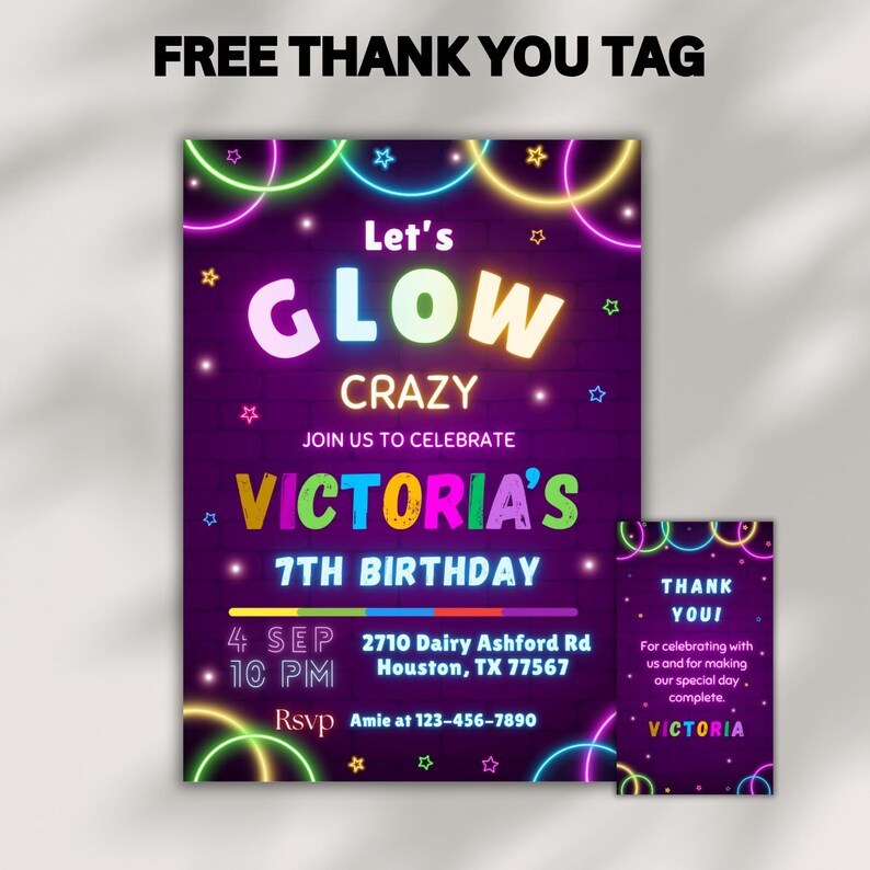 Editable Glow Party Birthday Invitation, Glow Party Template, Neon ...