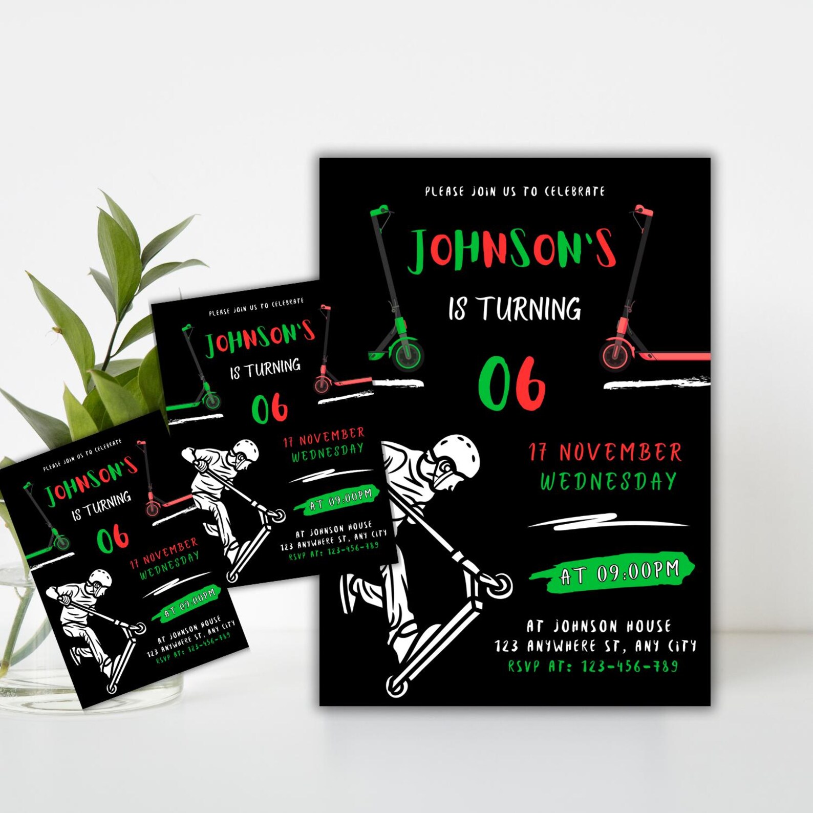 Editable Scooter Skating Birthday Invitation, Scooter Skating Invite ...