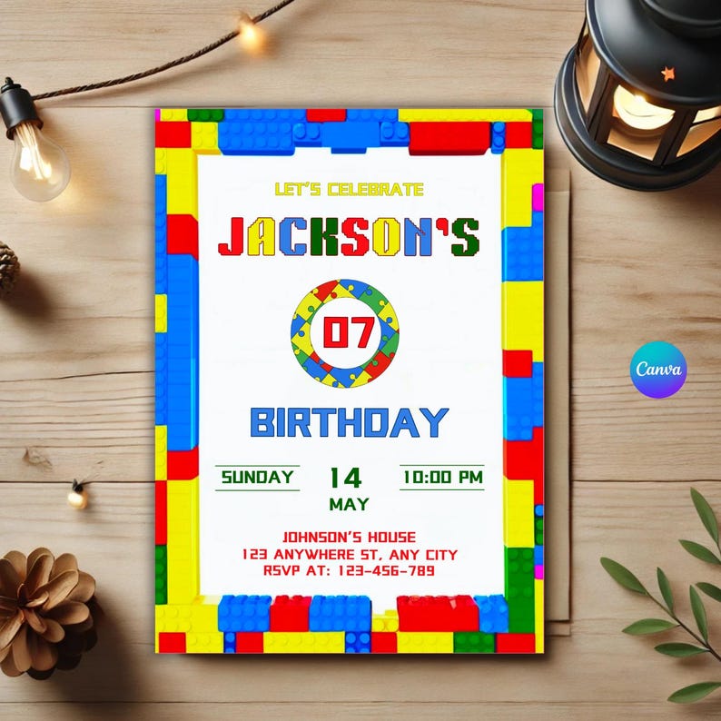 Building Blocks Birthday Invitation, Building Bricks Kids Birthday ...