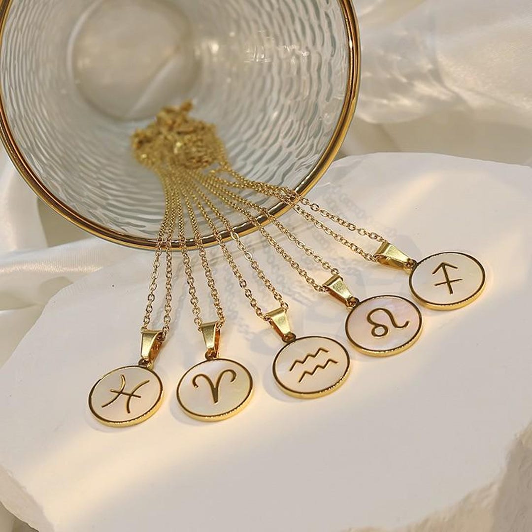 ZODIAC SIGN Shell Pendant in 18K Gold Plated Stainless Steel Necklace ...