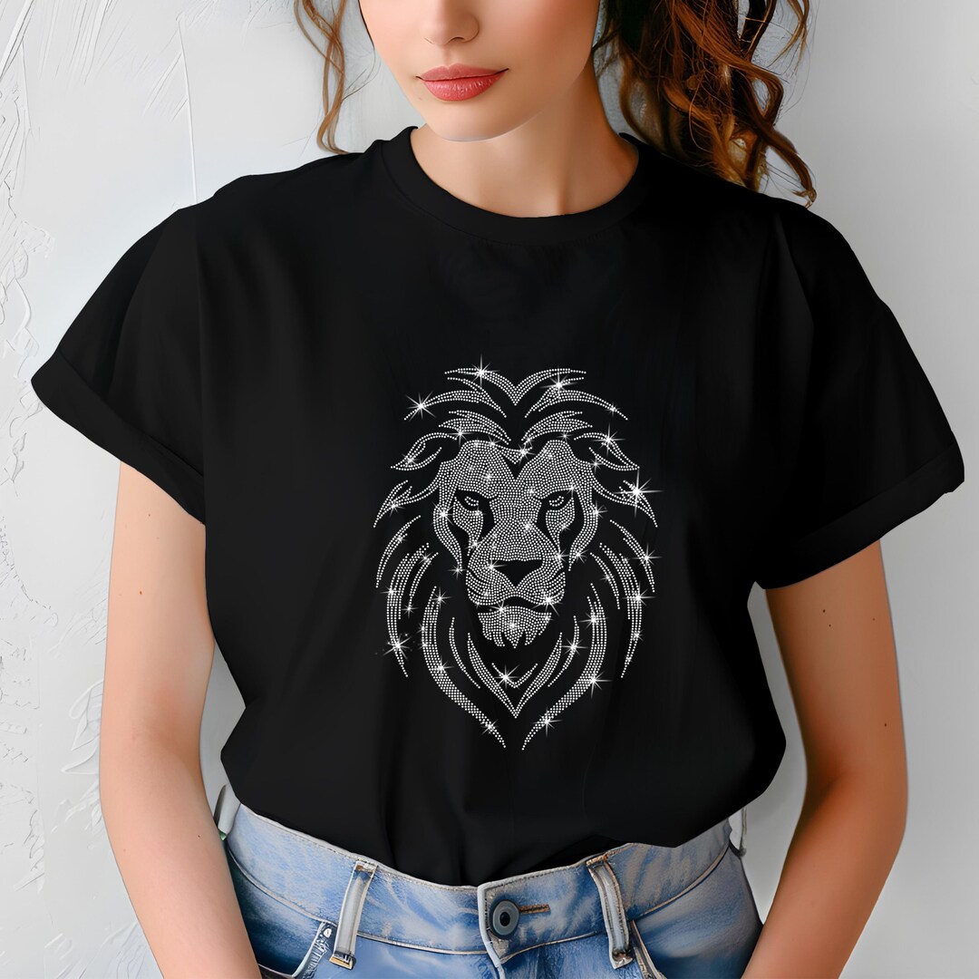 Sparkling Rhinestone Lion Shirt, Majestic Animal Design Tee, Women ...
