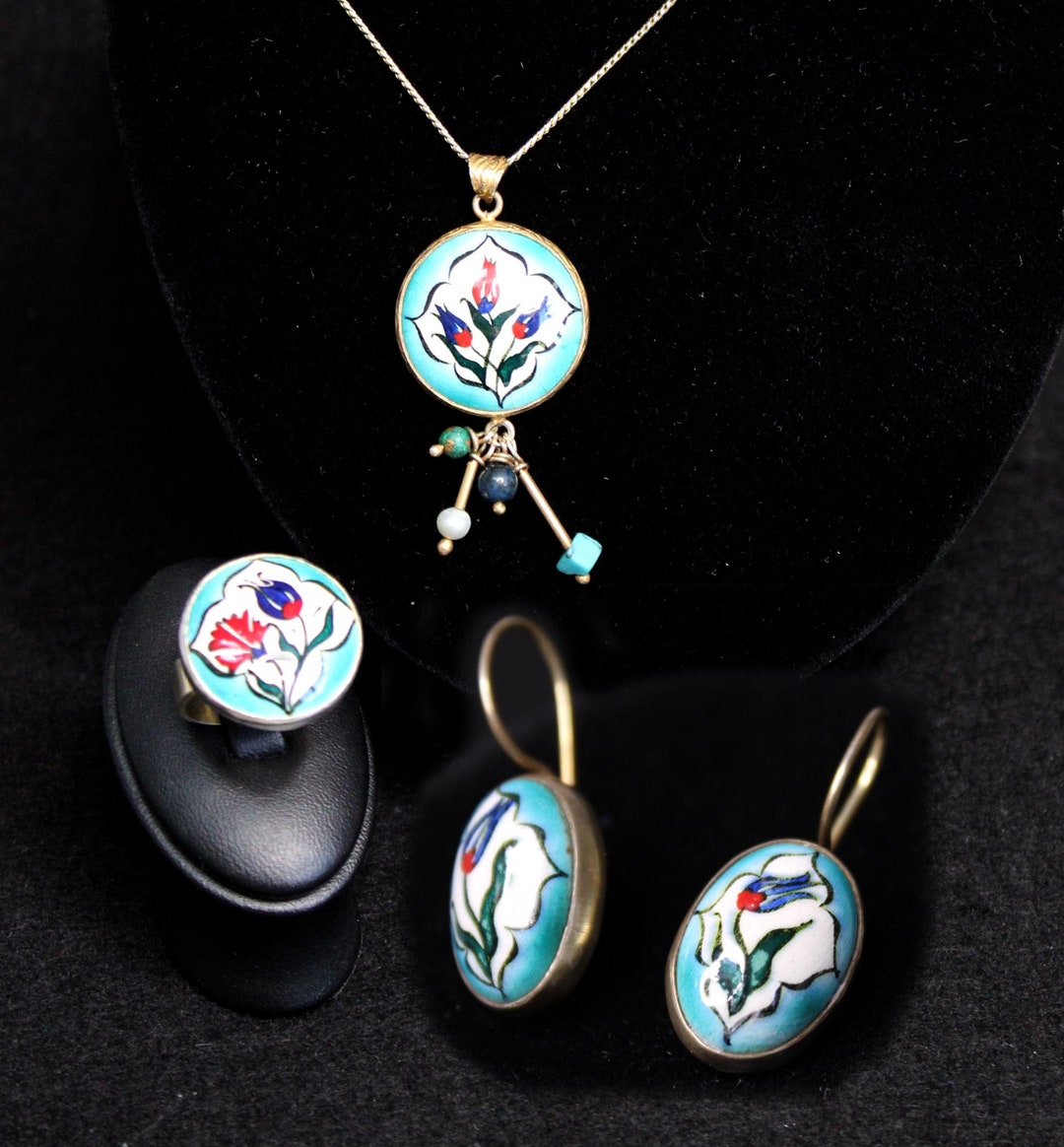 Turkish Artisan Hand-crafted/painted Jewelry Set - Gold Plated on 925 ...