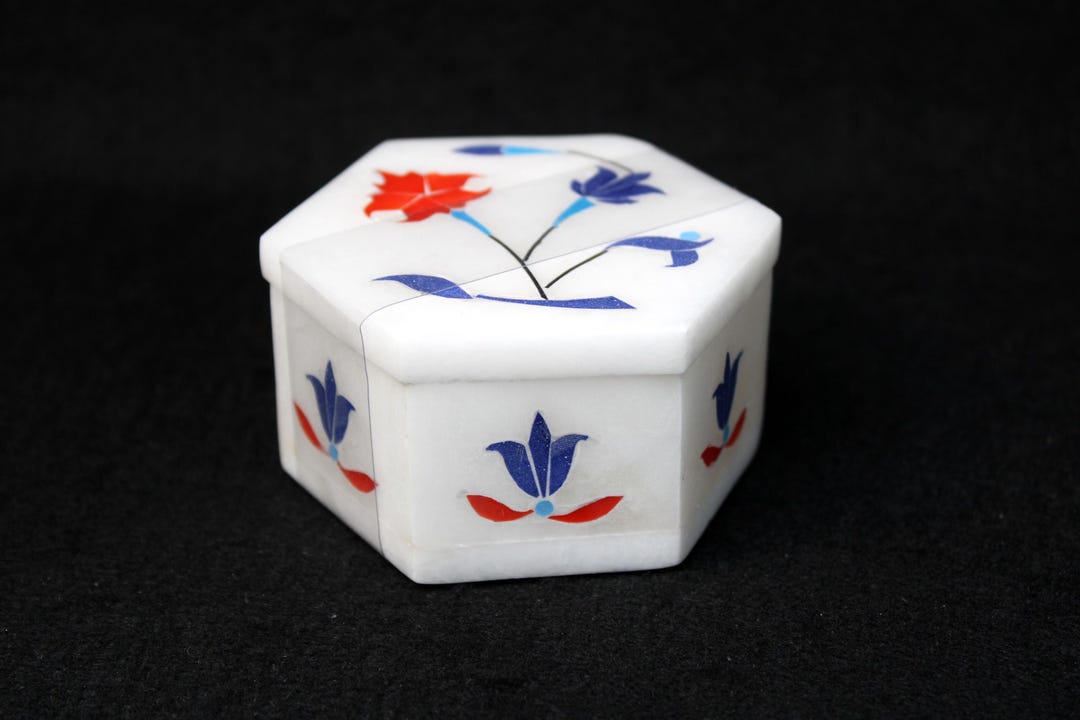 Handmade Hexagonal White Marble With Floral Inlay, Decorative ...