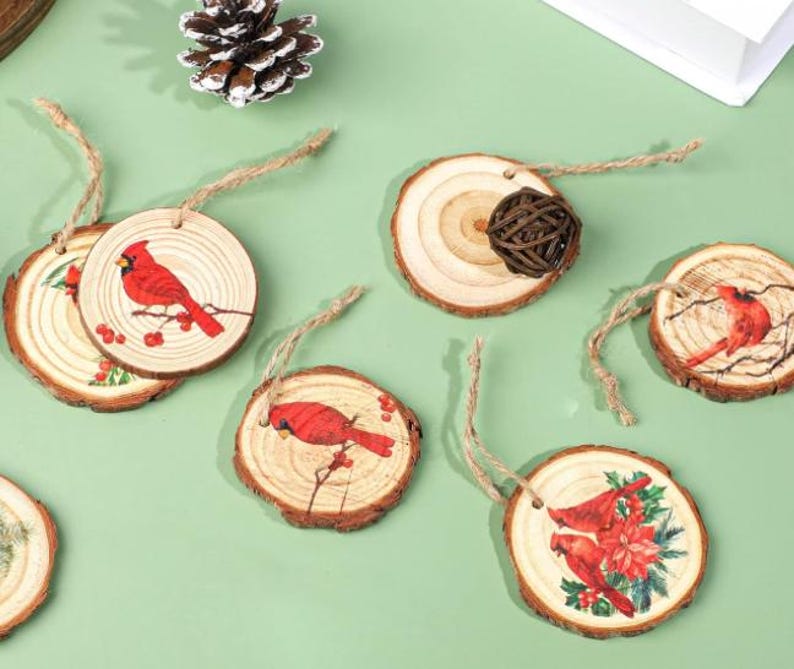 Christmas Wood Ornaments Red Birds Hanging Wood Slice Decor for Festive ...
