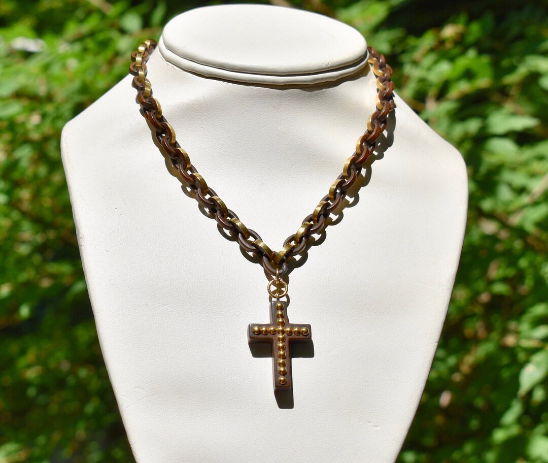 Victorian Bog Oak 10K Yellow Gold Link Chain Necklace With Cross ...