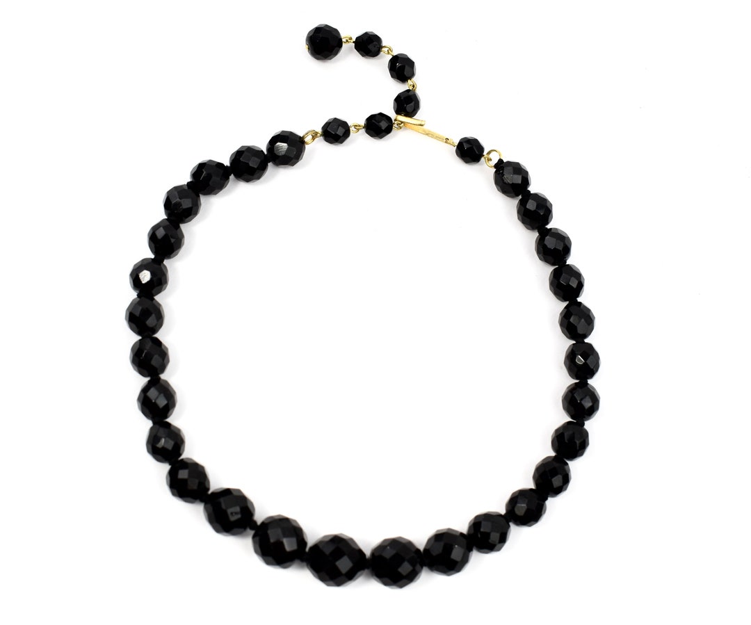 C1950s Vintage Black Jet Glass Faceted Beads Necklace Flexible Length ...