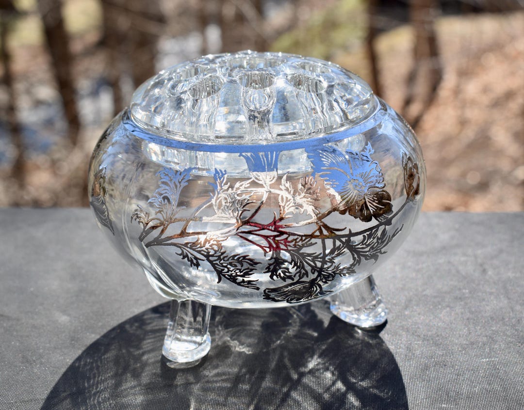 Vintage Viking Glass 3-legged Silver Overlay Rose Bowl Flowerlite W ...