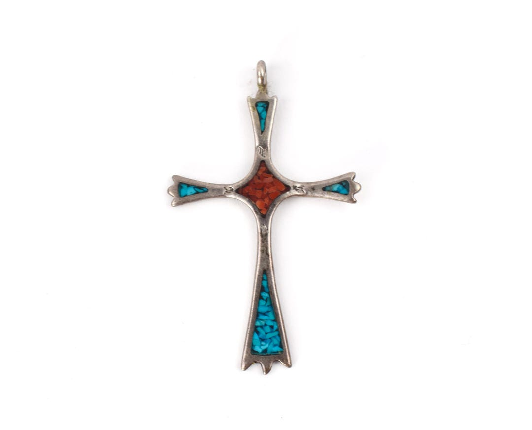 Southwestern Style Sterling Silver Cross Pendant Turquoise Spiny Oyster ...