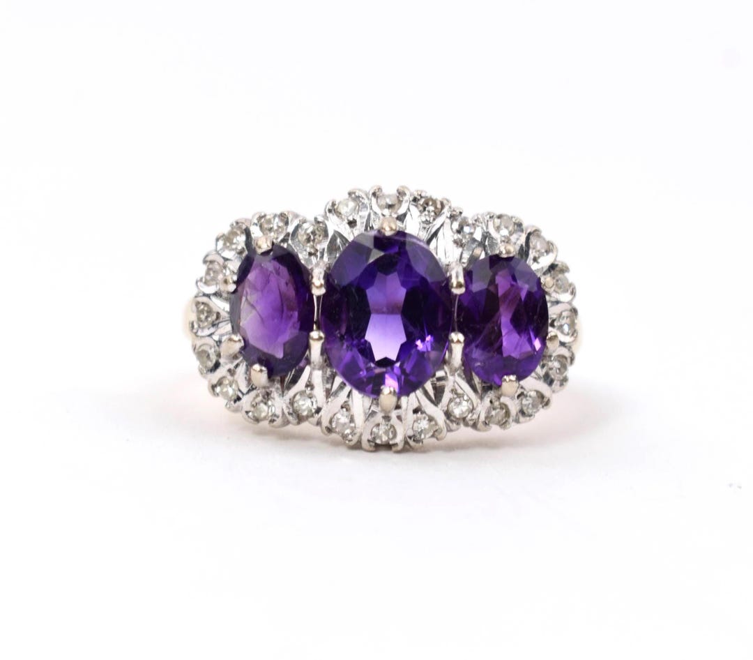 British Designer 18K Gold Amethyst Diamond Halo Trilogy Ring Size 6 ...