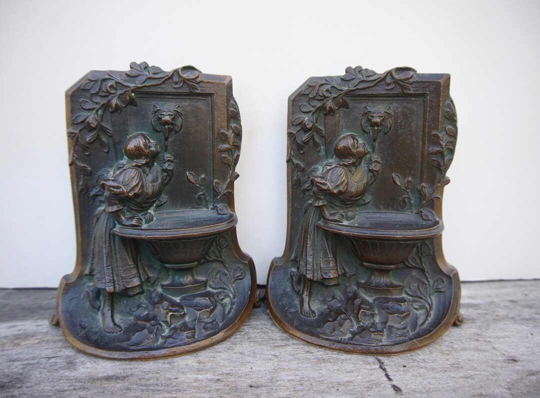 Art Nouveau Pair Solid Bronze Girl Drinking From Wall Fountain Bookends ...
