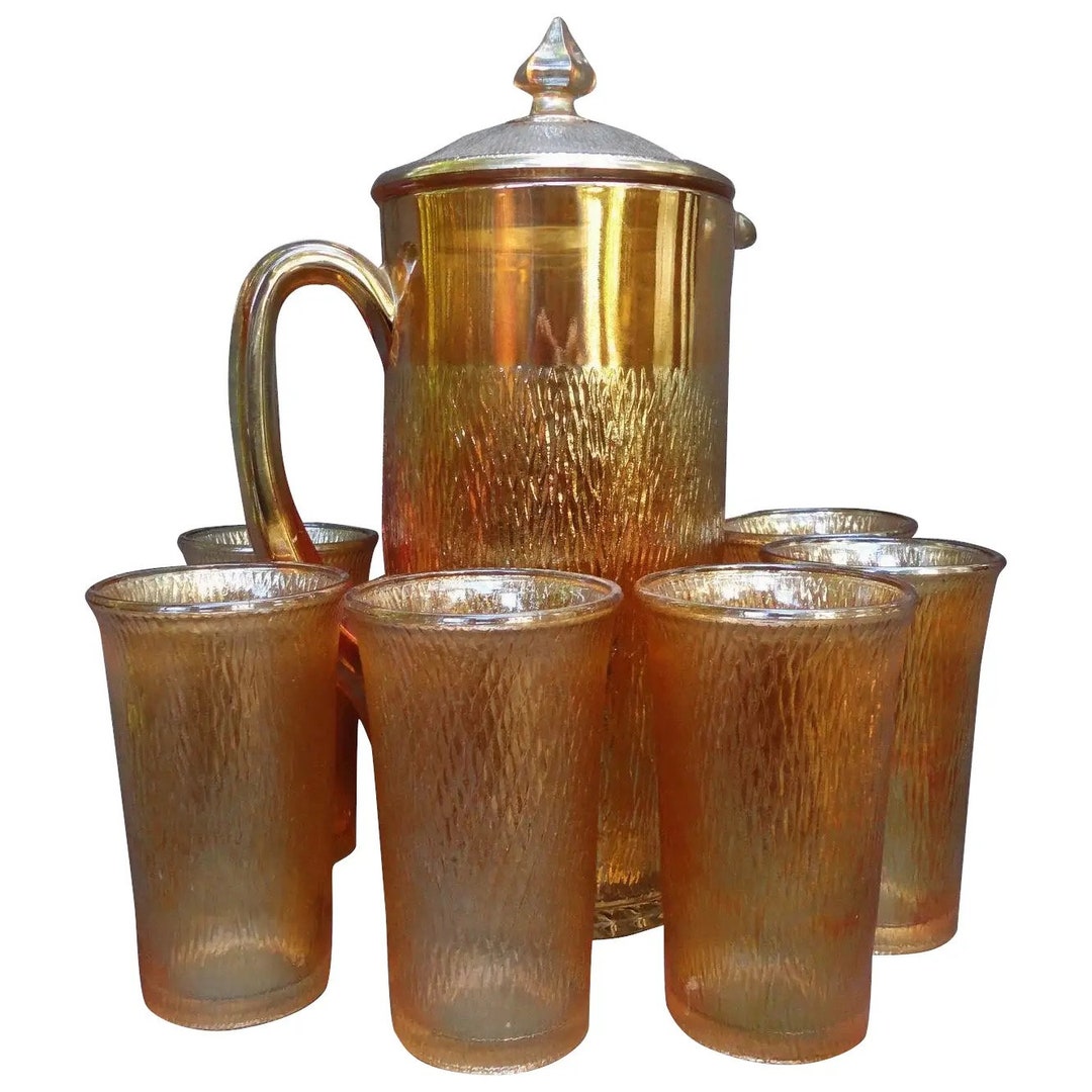Rare Full Set 8 Piece Jeanette Tree Bark Marigold Carnival Glass Cider ...