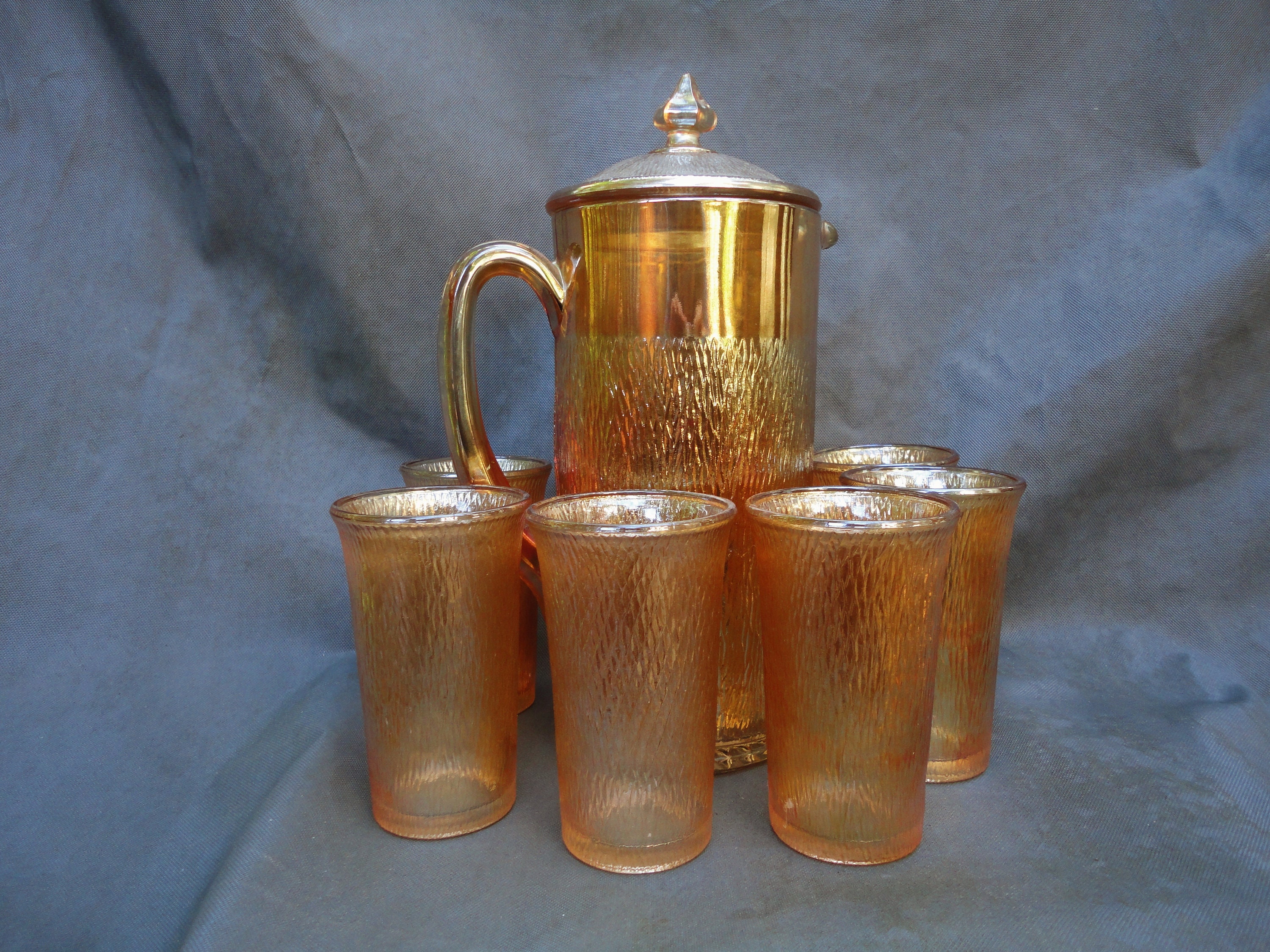 Rare Full Set 8 Piece Jeanette Tree Bark Marigold Carnival Glass Cider ...