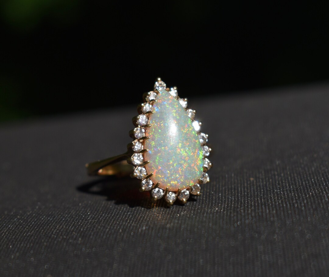 14K Yellow Gold Diamond Halo Pear Cut Australian Opal Ring Size 10.5 ...
