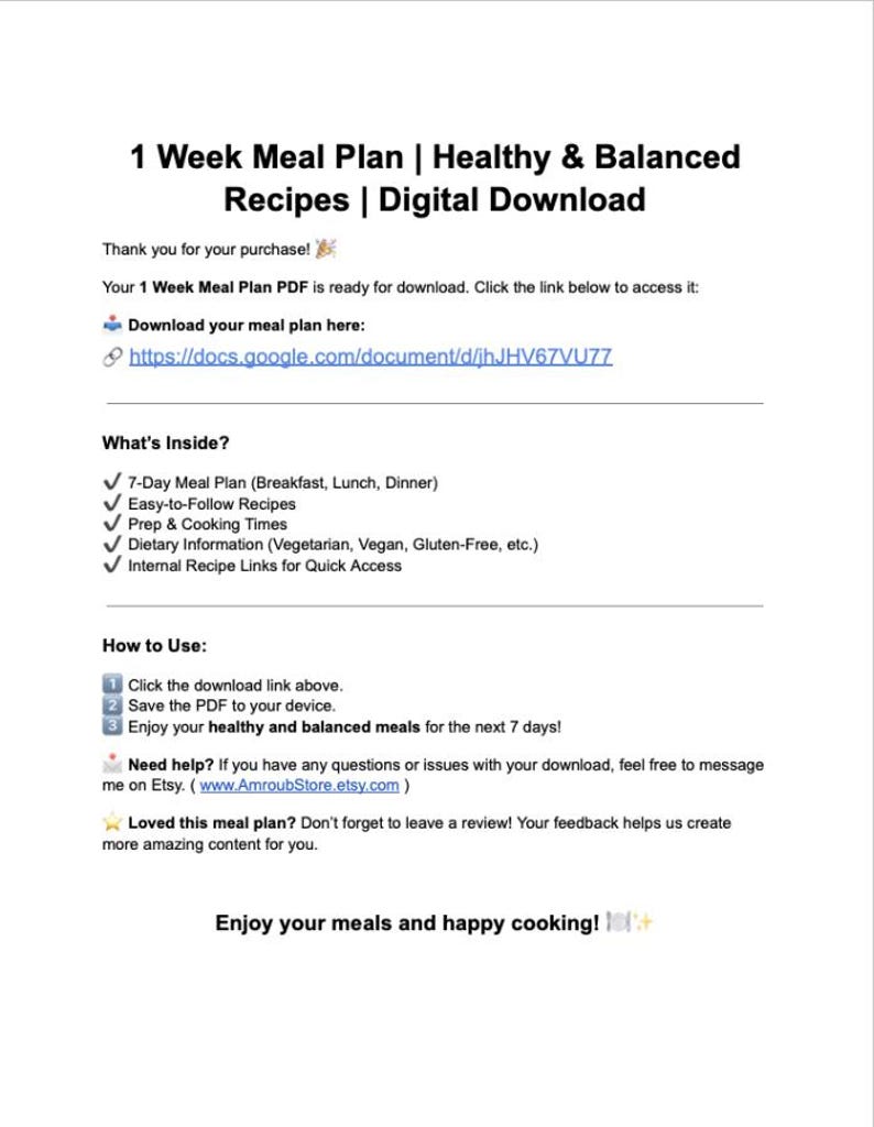 1 Week Meal Plan | Healthy & Balanced Recipes | Digital Download - Etsy