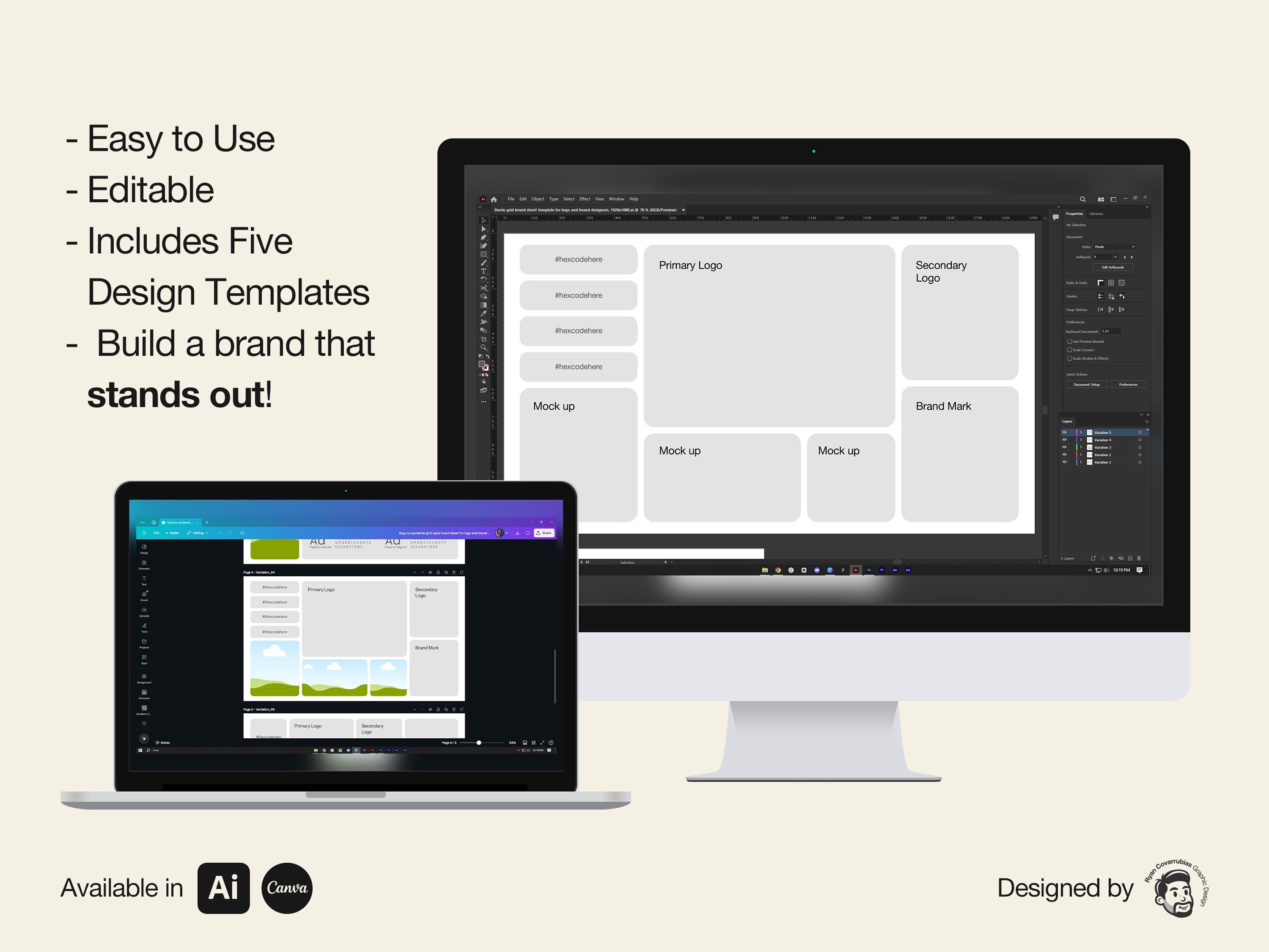 Easy to Use Bento Grid Style Brand Sheet for Beginner Graphic Designers ...