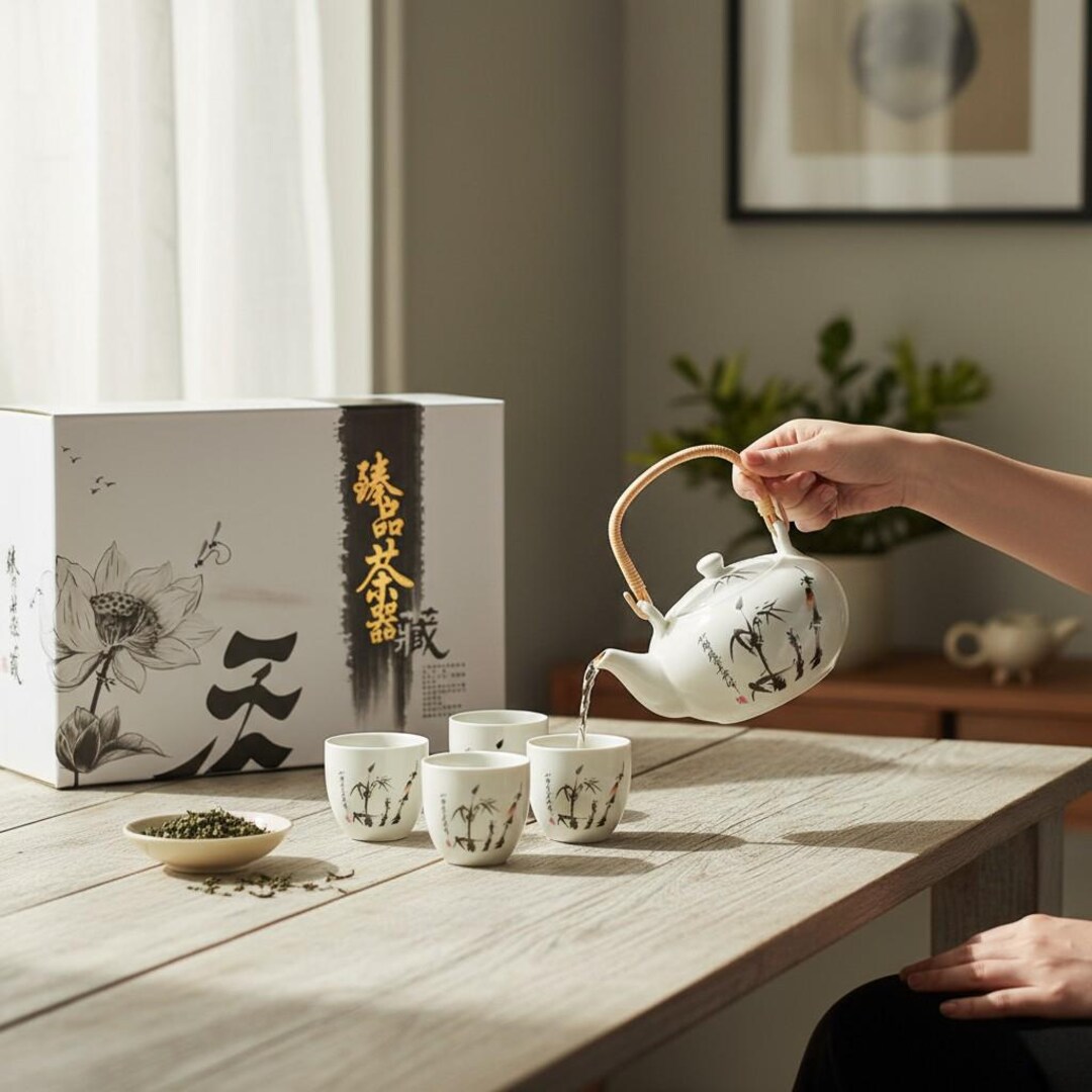 Elegant White Ceramic Tea Set With Bamboo Design - Premium 7-piece Gift ...