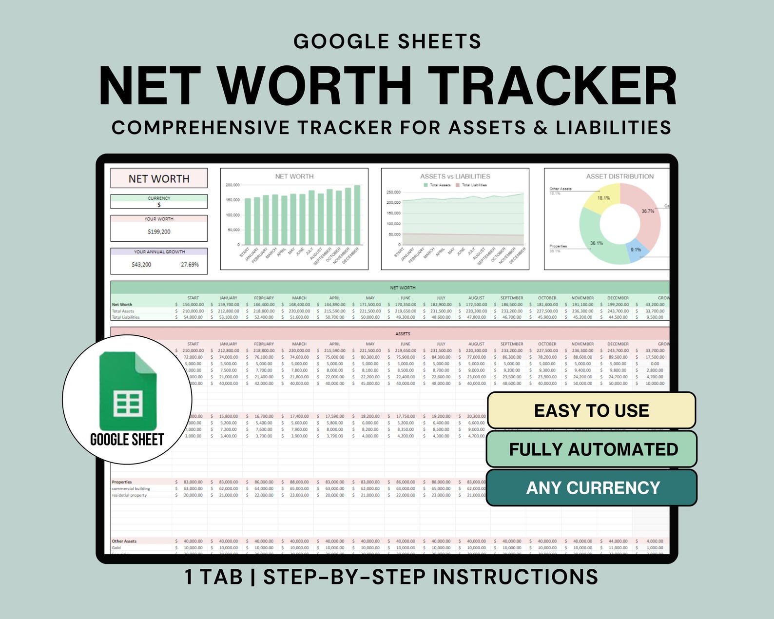 Net Worth Tracker Spreadsheet Personal Finance Assets Liabilities ...