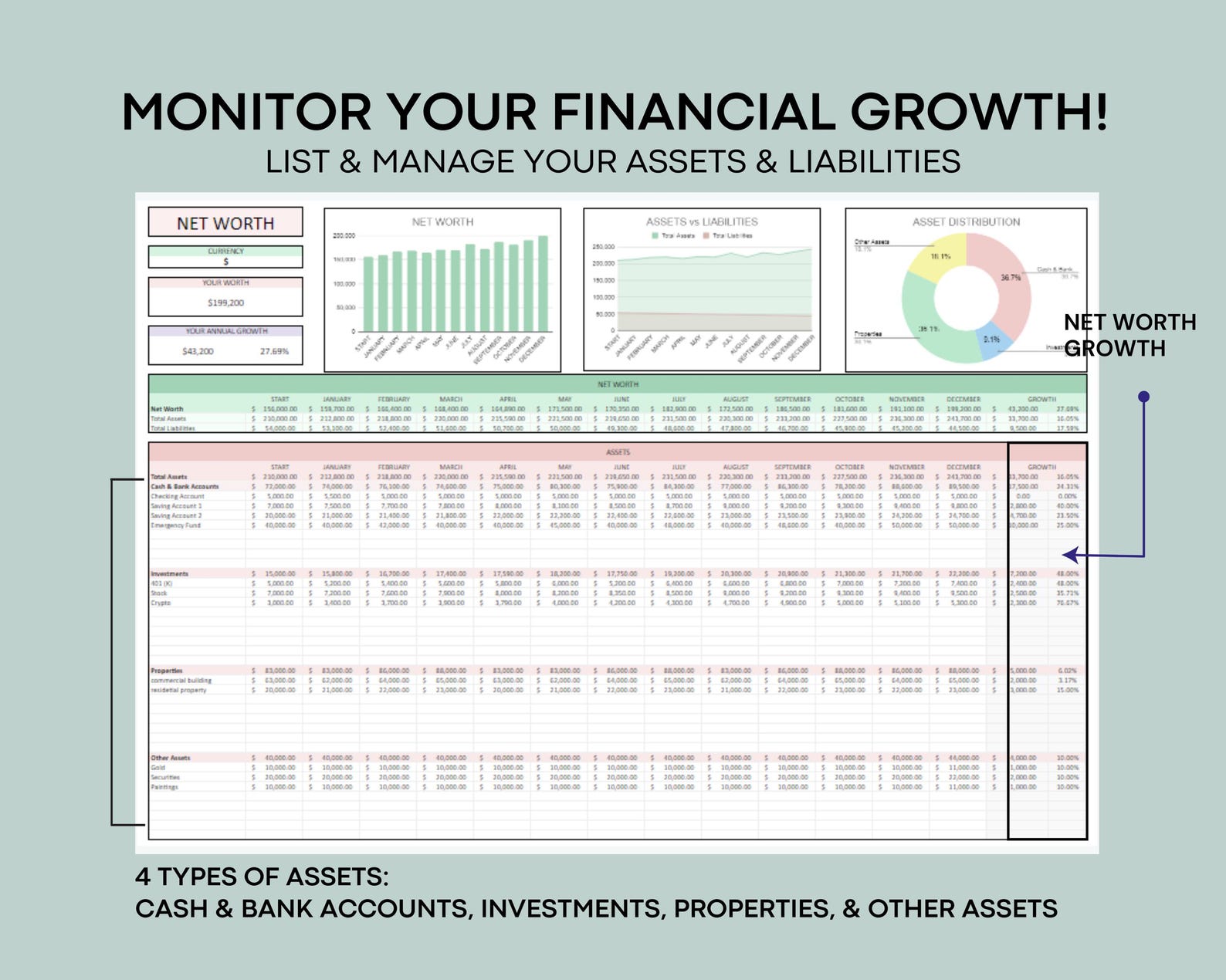 Net Worth Tracker Spreadsheet Personal Finance Assets Liabilities ...