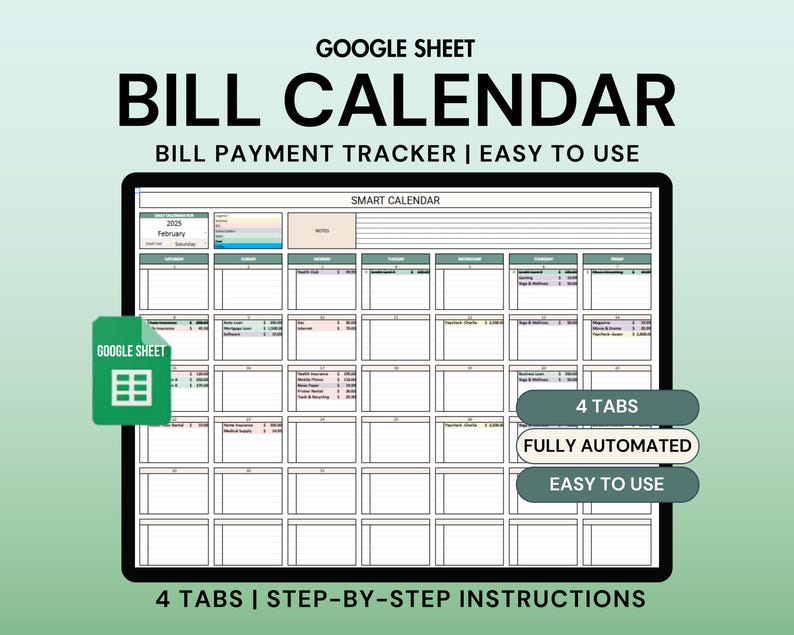 Bill Tracker Spreadsheet Google Sheets Bill Calendar Template Monthly Bill Planner Personal ...