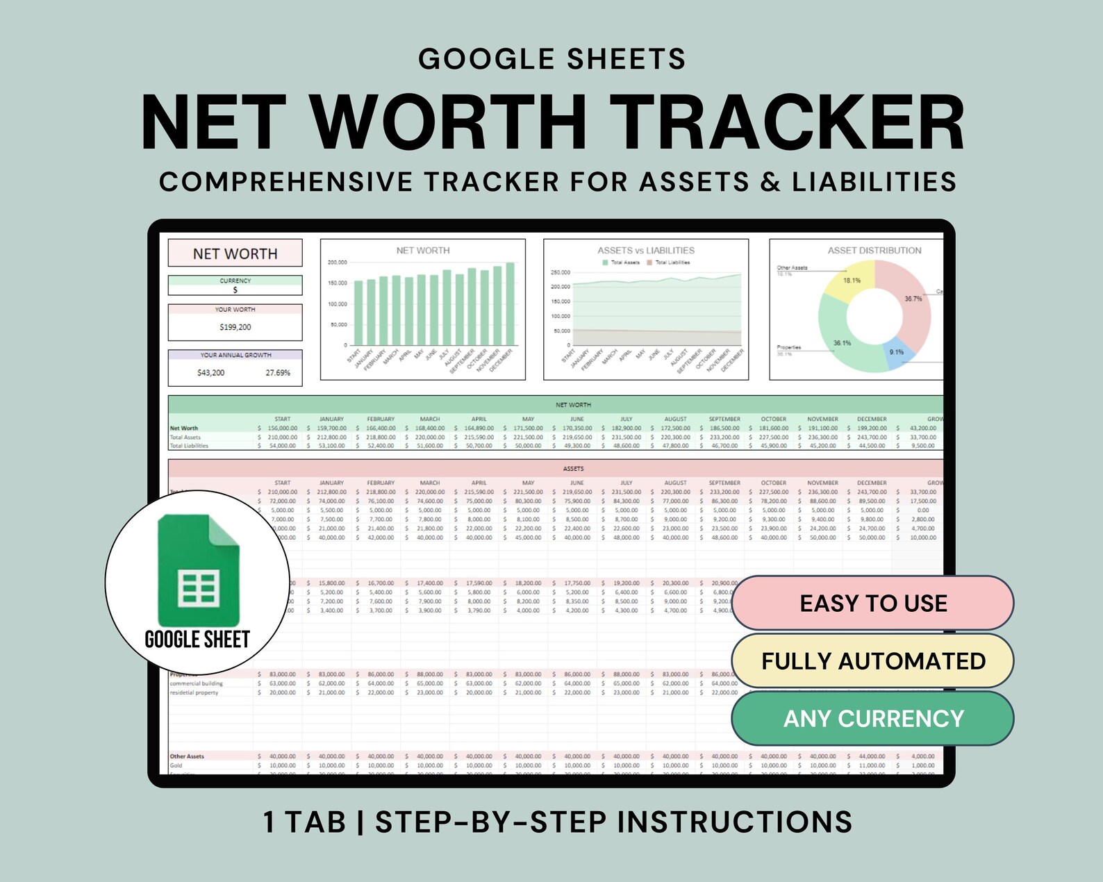 Net Worth Tracker Spreadsheet Personal Finance Assets Liabilities ...
