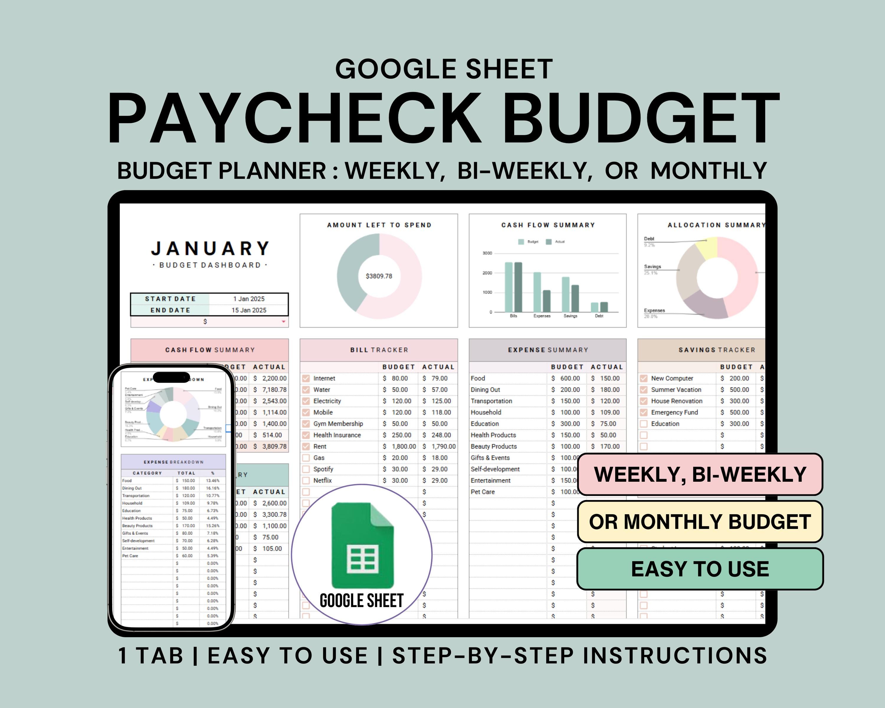 Paycheck Budget Spreadsheet Monthly Weekly Budget Google Sheets ...