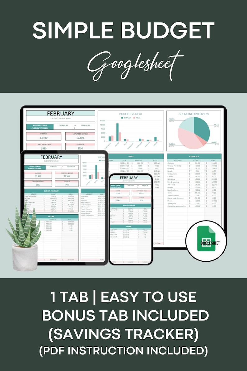 Simple Budget Spreadsheet Google Sheets Template Monthly Budget by ...