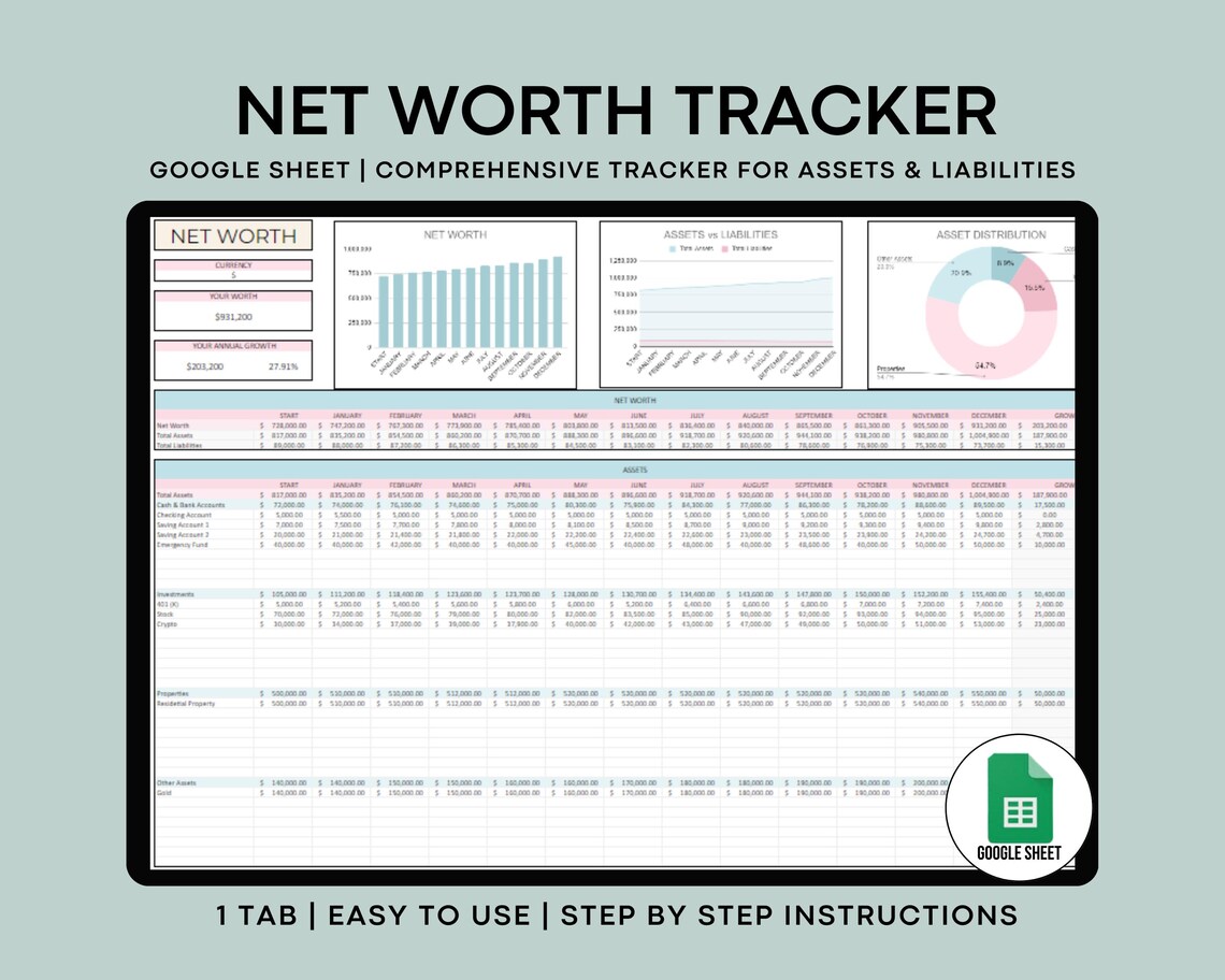Net Worth Tracker Spreadsheet Personal Finance Assets Liabilities ...