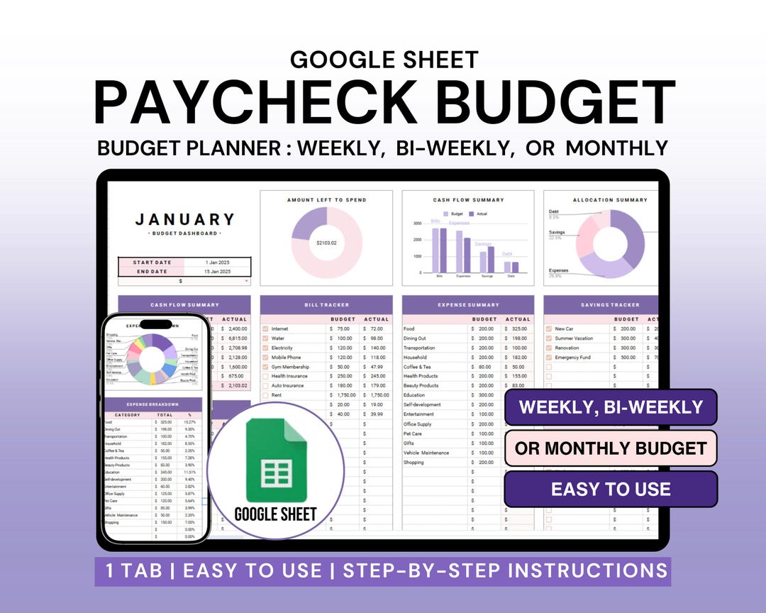 Paycheck Budget Spreadsheet Google Sheets Budget Monthly Weekly Budget ...