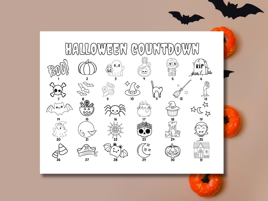 Halloween Countdown Calendar Coloring Page, Halloween Printable Advent ...