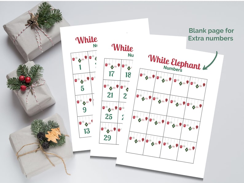 White Elephant Numbers, Gift Exchange Numbers, Christmas Gift Swap Game ...