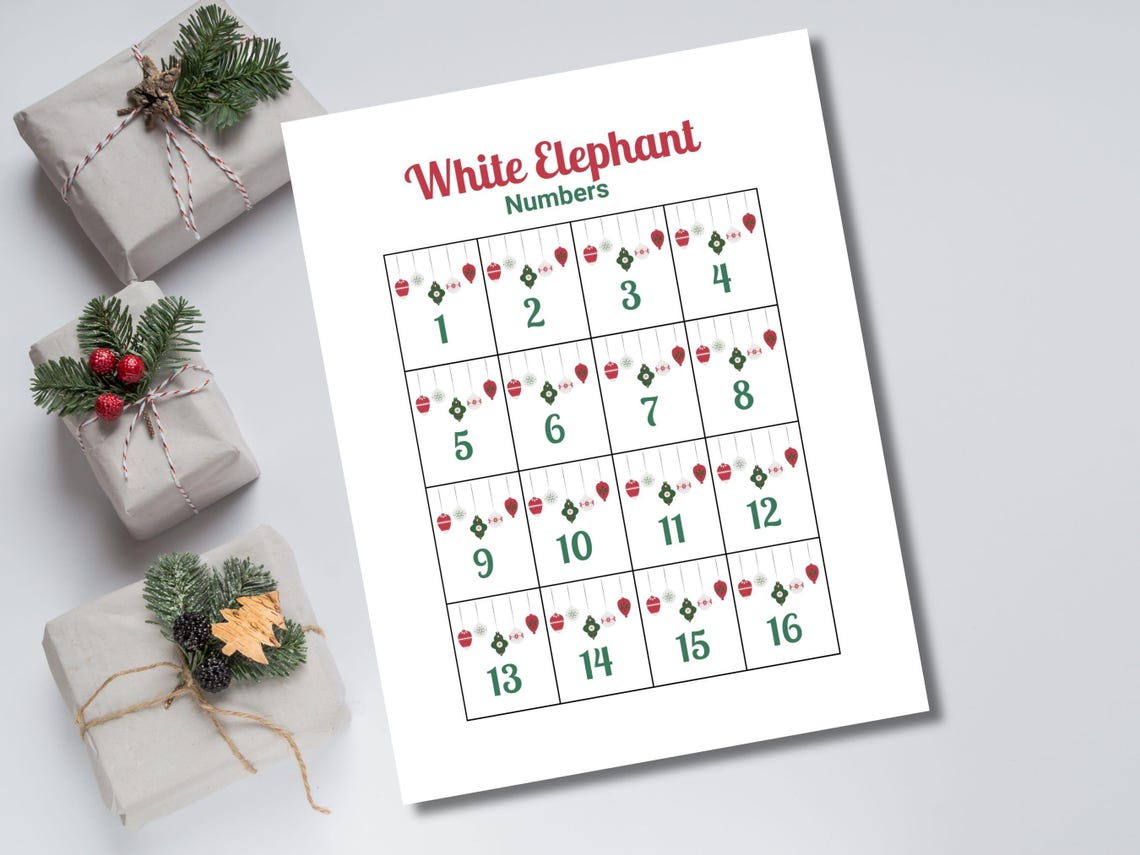 White Elephant Numbers, Gift Exchange Numbers, Christmas Gift Swap Game ...