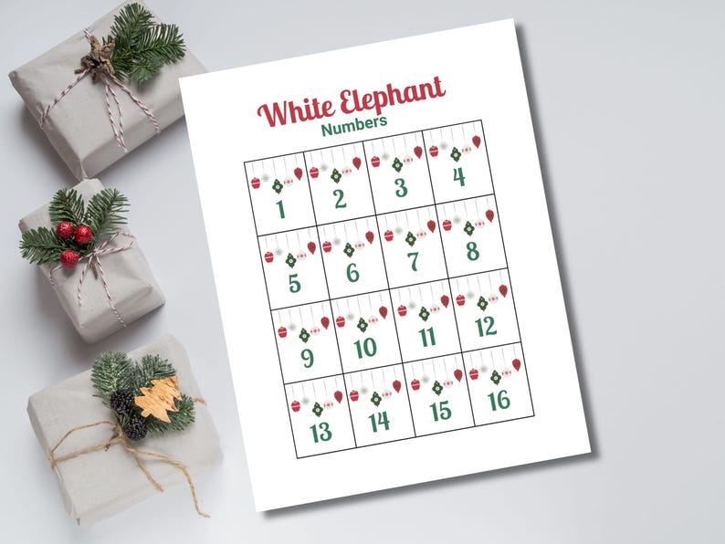 White Elephant Numbers, Gift Exchange Numbers, Christmas Gift Swap Game ...