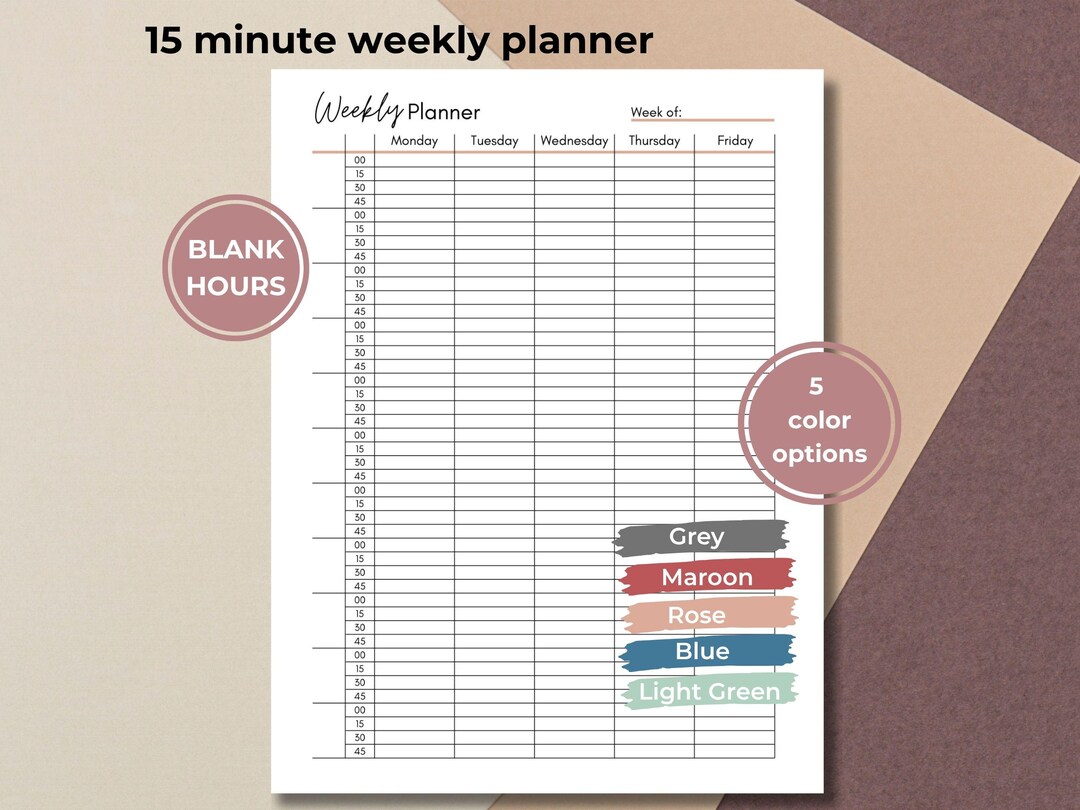 15 Minute Weekly Planner Blank Hours, Printable Weekly Schedule, Time ...