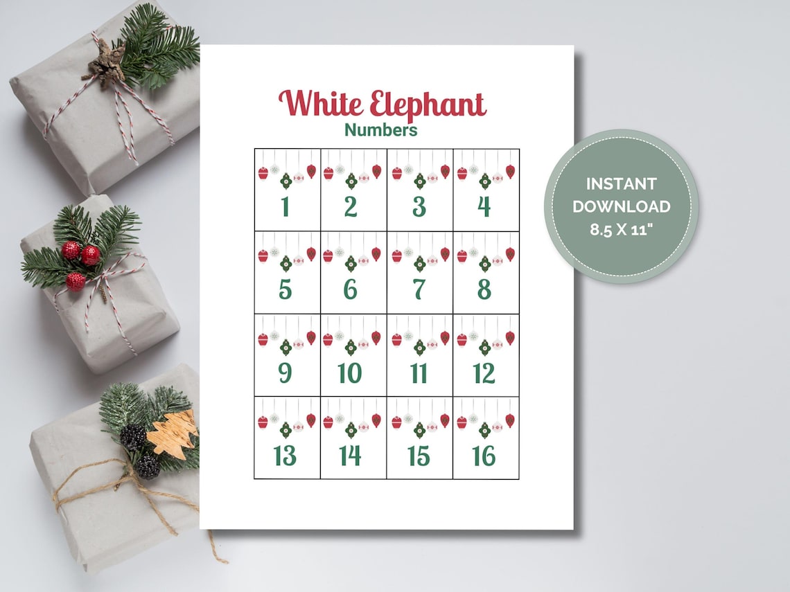 White Elephant Numbers, Gift Exchange Numbers, Christmas Gift Swap Game ...