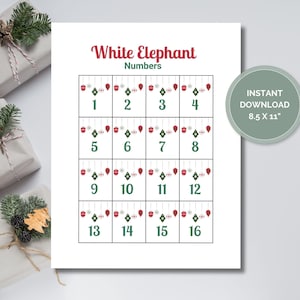 White Elephant Numbers, Gift Exchange Numbers, Christmas Gift Swap Game ...