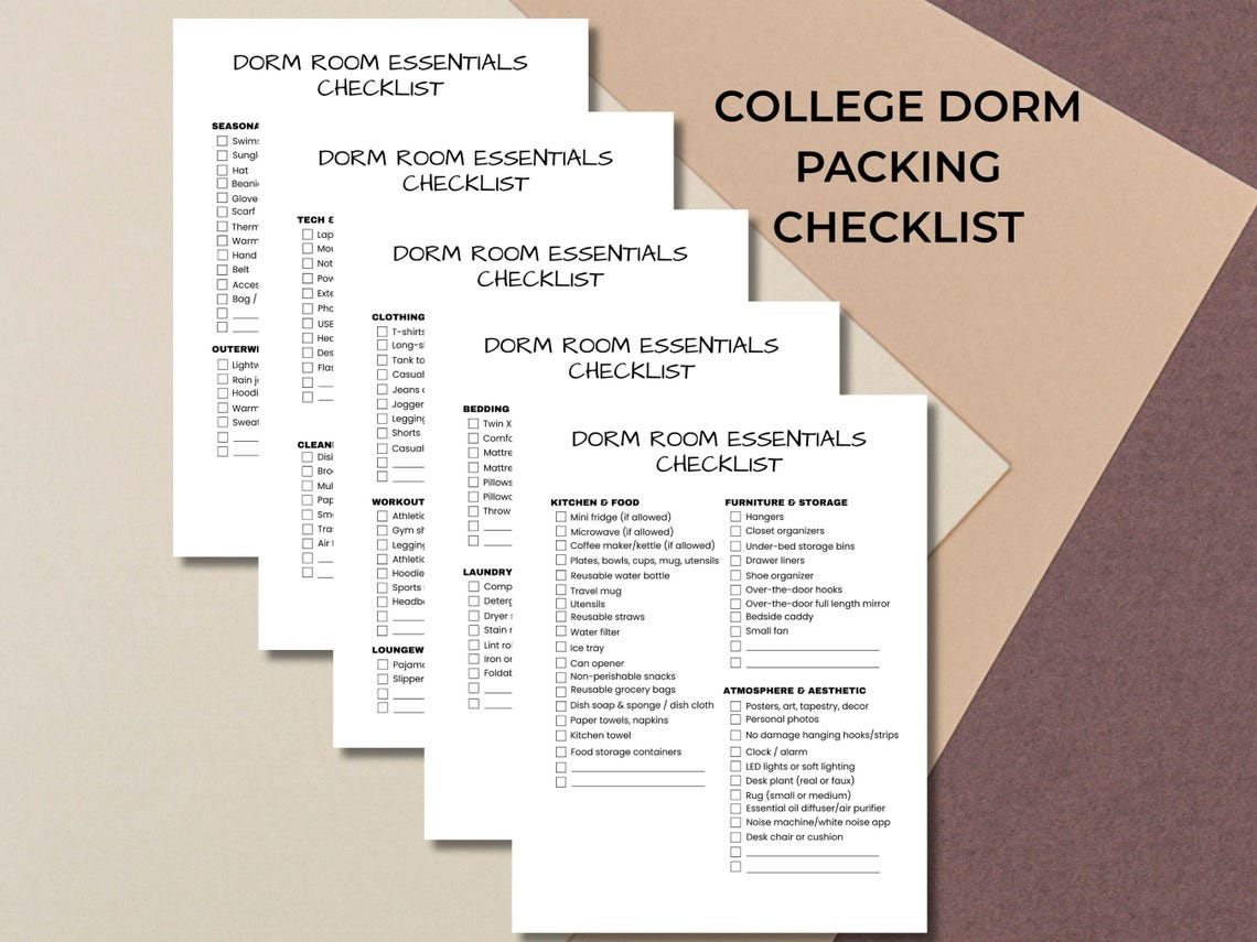 College Dorm Packing List, Dorm Room Essentials Checklist PDF, College ...