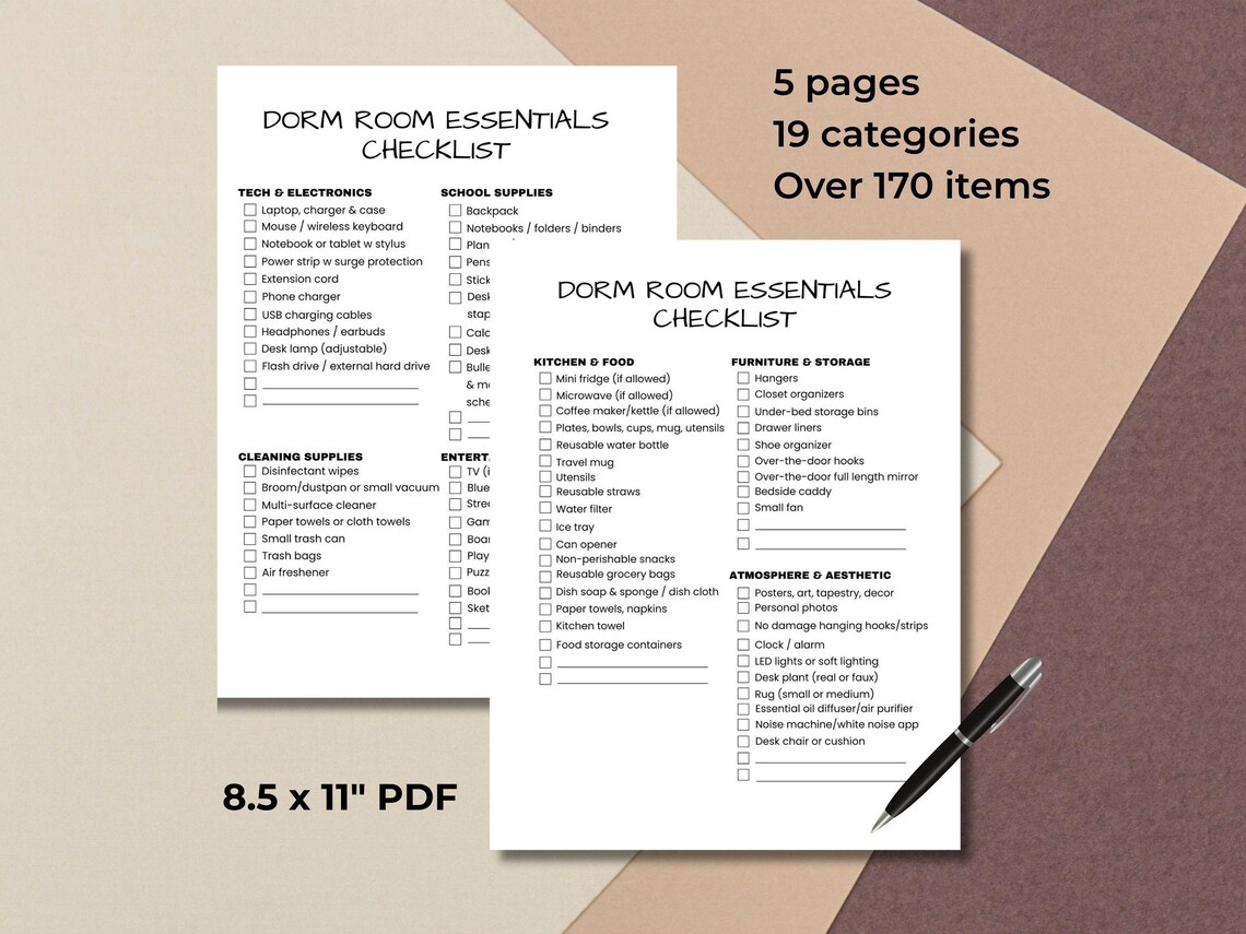 College Dorm Packing List, Dorm Room Essentials Checklist PDF, College ...
