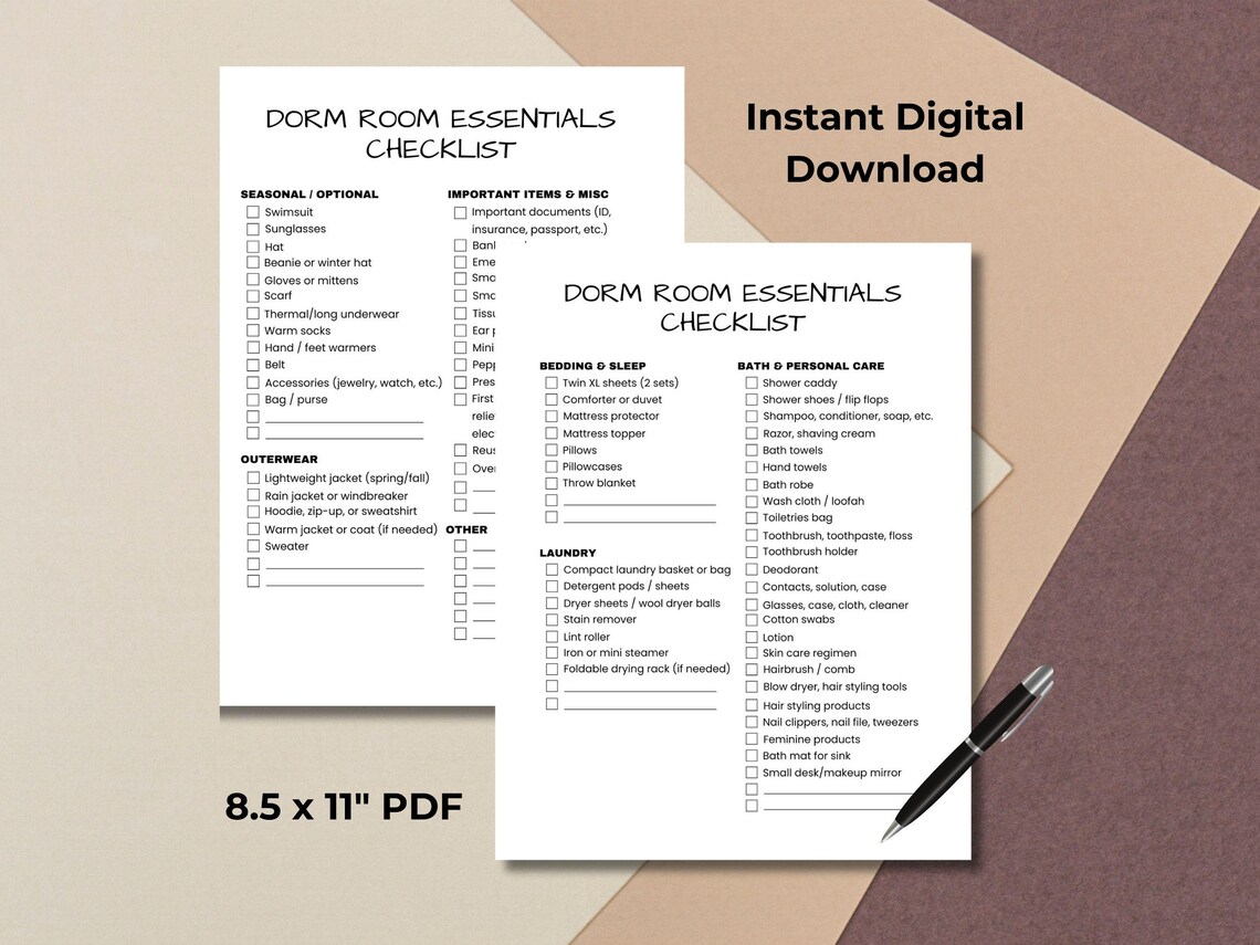 College Dorm Packing List, Dorm Room Essentials Checklist PDF, College ...
