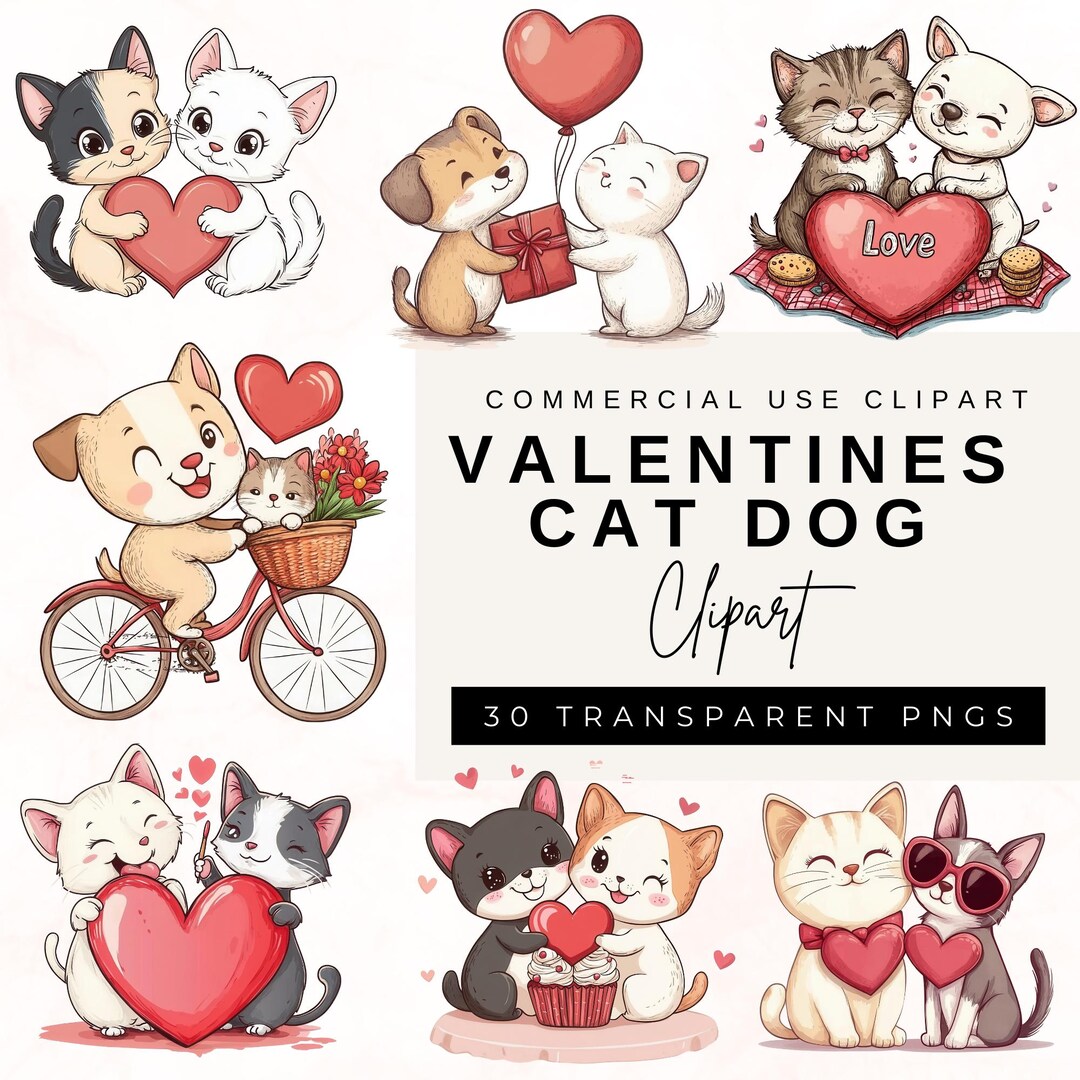 Valentines Cat Dog Clipart, Cute Animal Graphics, Watercolor, Digital ...