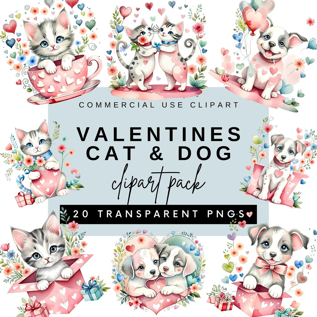 Valentines Cat Dog Clipart, Cute Animals, Digital Download, Commercial ...
