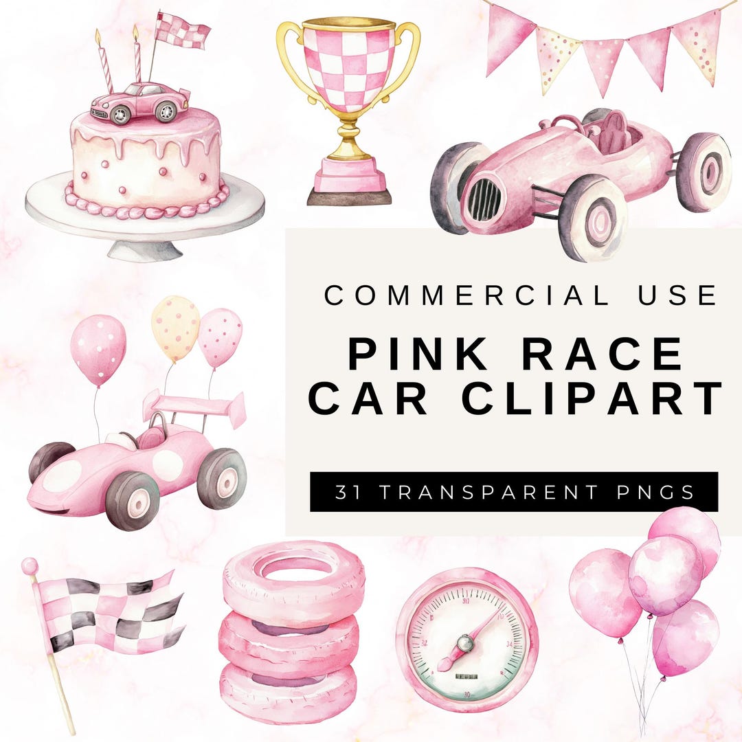 Pink Race Car Clipart, Watercolor Racing Graphics, Digital Download ...