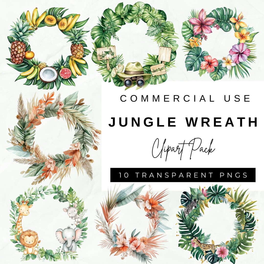 Jungle Wreath Clipart, Watercolor, Summer, Boho, Tropical Wedding ...