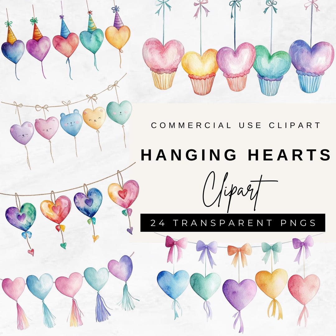Hanging Hearts Clipart, Watercolor, Valentine, Digital Download ...